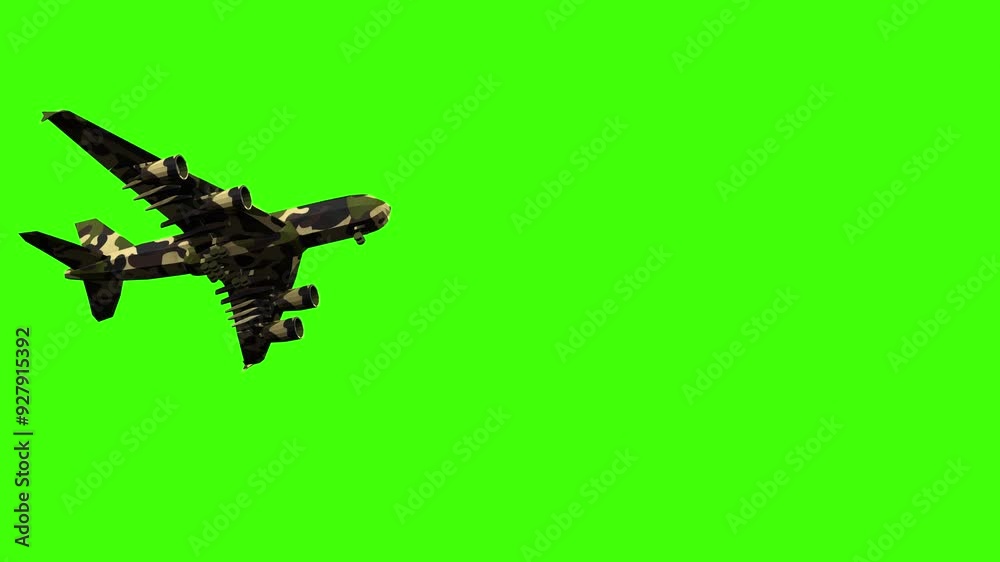 4k footage of an army plane flying on the chroma key background, plane ...