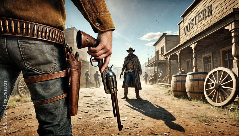 Western cowboy standoff in an old town street with revolvers drawn ...