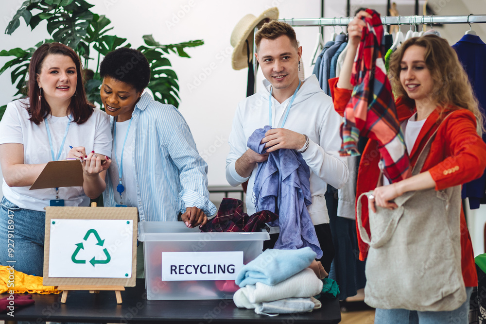 Young woman brings old clothes for recycling, charity, donation. Eco ...