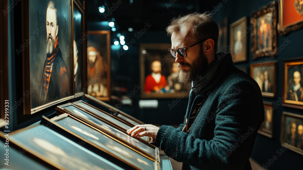 A modern-day photo of a historian or a curator in a museum setting ...