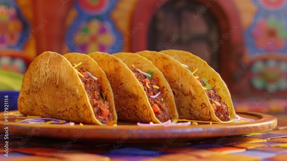Taco Time: A close-up view of four golden-brown tacos, filled with ...