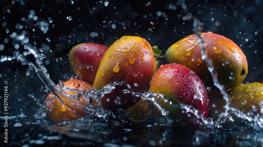 Mango Splash: Ripe mangoes glisten, drenched in a dynamic splash of ...