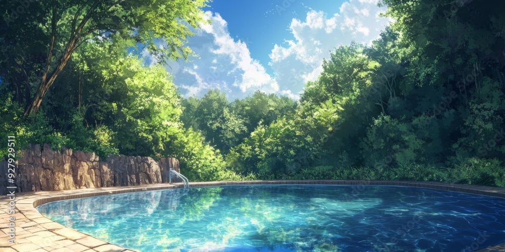 anime-style Enchanted Summer Swimming Pool: Pristine Waters and Lush ...