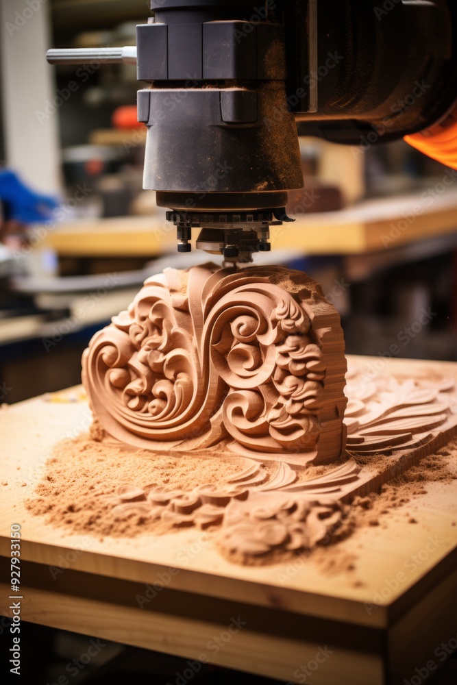 Precision cnc router carving detailed design into wood with intricate ...