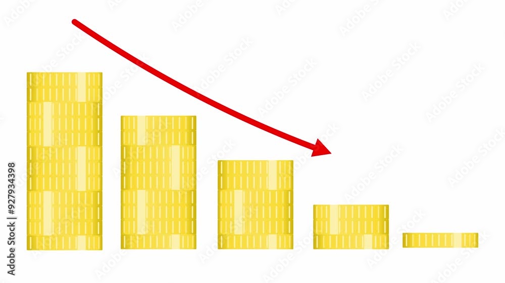 golden coin pile, Bar chart for declining business performance. The red ...