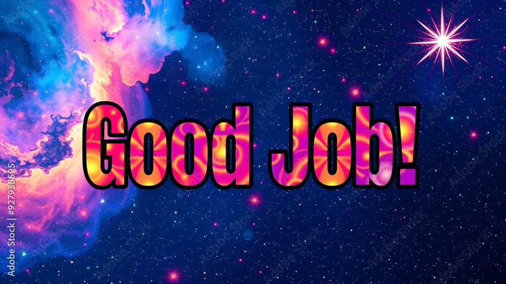 “Good Job!” text in a big, bold font over a starry night background ...