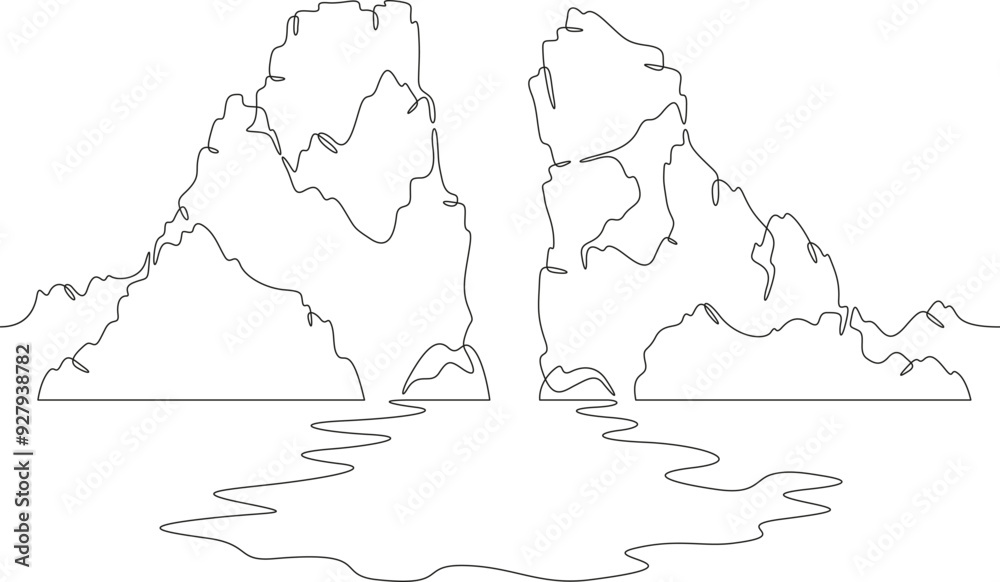 Continuous one line drawing rocky mountains near the lake. Mountain ...