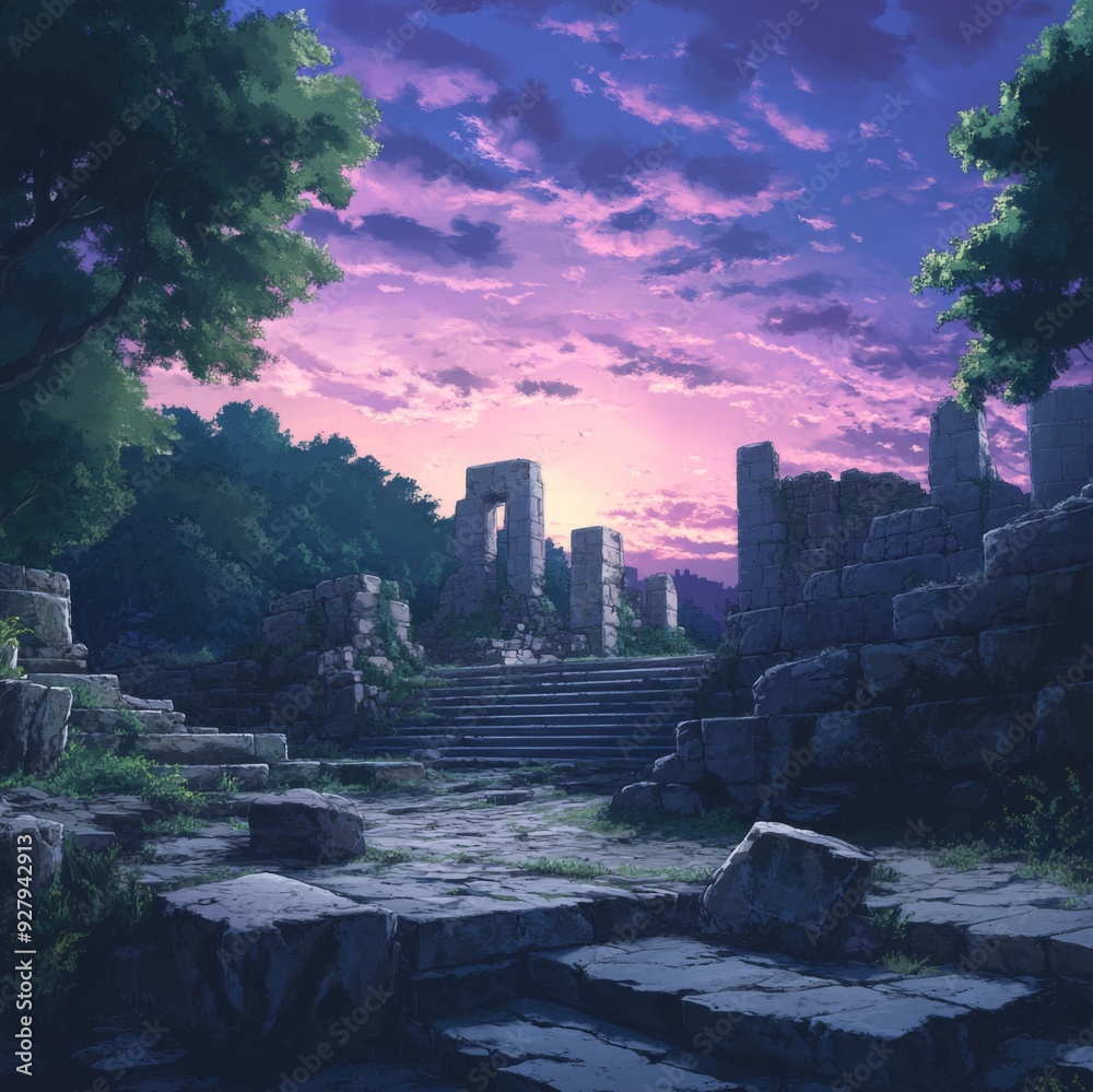 Twilight of Ancient Ruins: A Dreamy anime-style Historical Landmark ...
