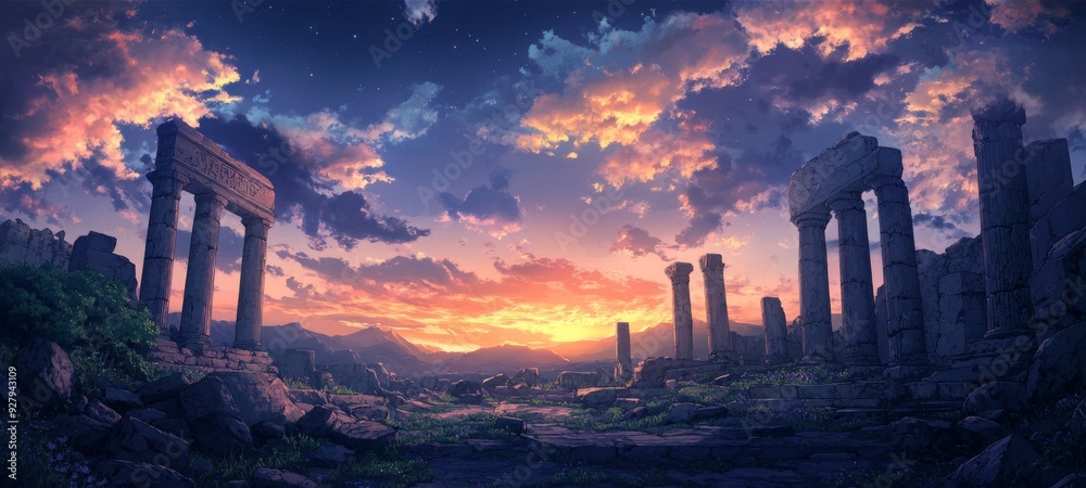 Twilight of Ancient Ruins: A Dreamy anime-style Historical Landmark ...