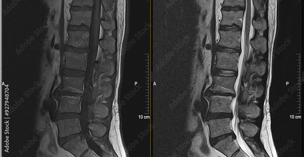 Two MRI images showing a detailed view of the spine, ideal for medical ...
