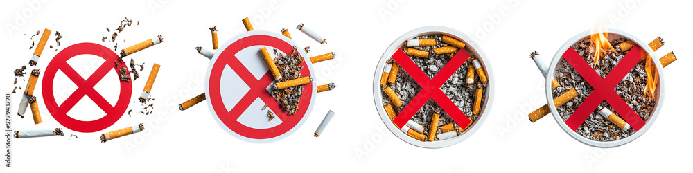 Set of a no smoking sign with a red crossed-out symbol and burning ...