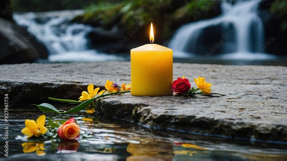 decoration with yellow candle in the waterfall for the orixá Oxum Stock ...