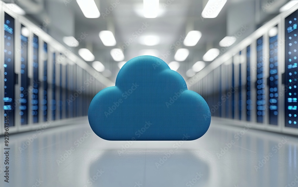 3D blue cloud symbol in a modern data center, representing cloud ...