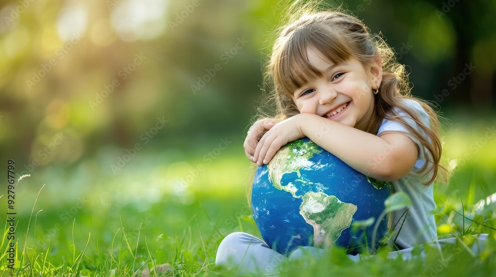 cute little girl hugging the earth globe with green grass as the ...