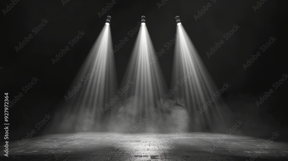 Dramatic lighting shines from three spotlights in a dark room. The ...