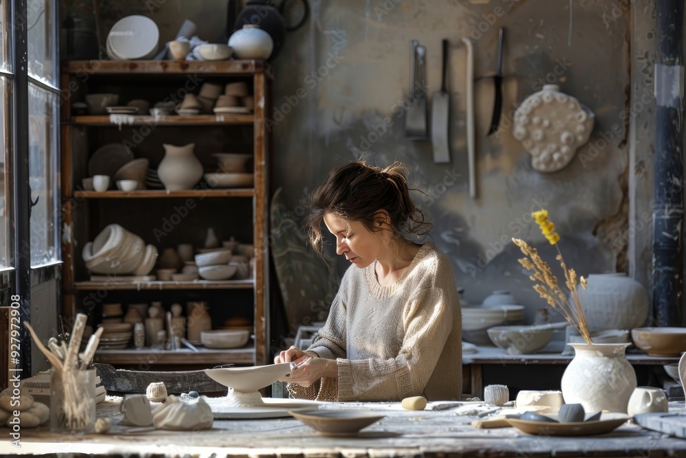 Female artist sculpting pottery at worktable in ceramic studio creating ...