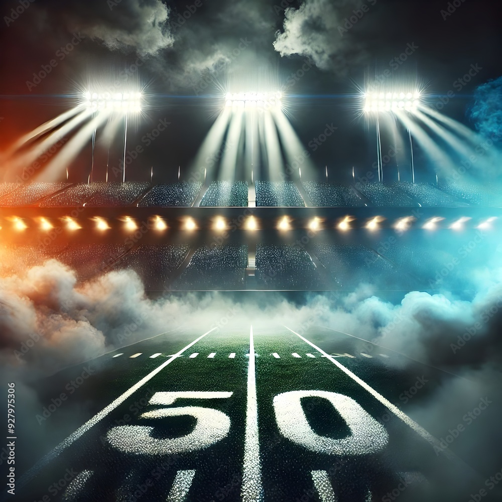 Illuminated Football Field at the 50-Yard Line with Dramatic Stadium ...