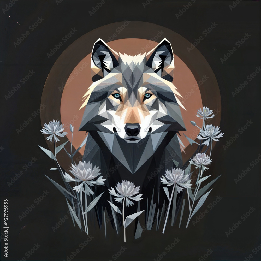 A majestic and calm wolf is depicted in an abstract vector artwork on a ...