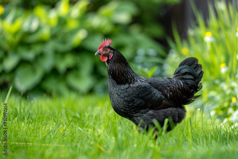 Black australorp chicken foraging and exploring in lush green grassy ...