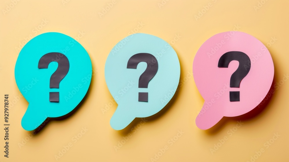 Colorful speech bubbles with question marks on a yellow background ...