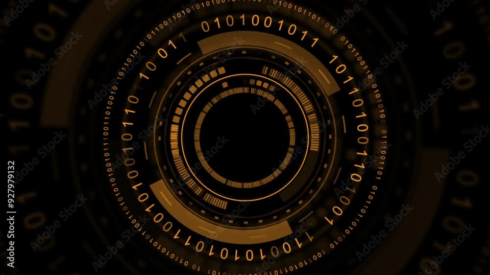 Tech abstract background with UI circular elements and binary code. Seamless looping futuristic ...