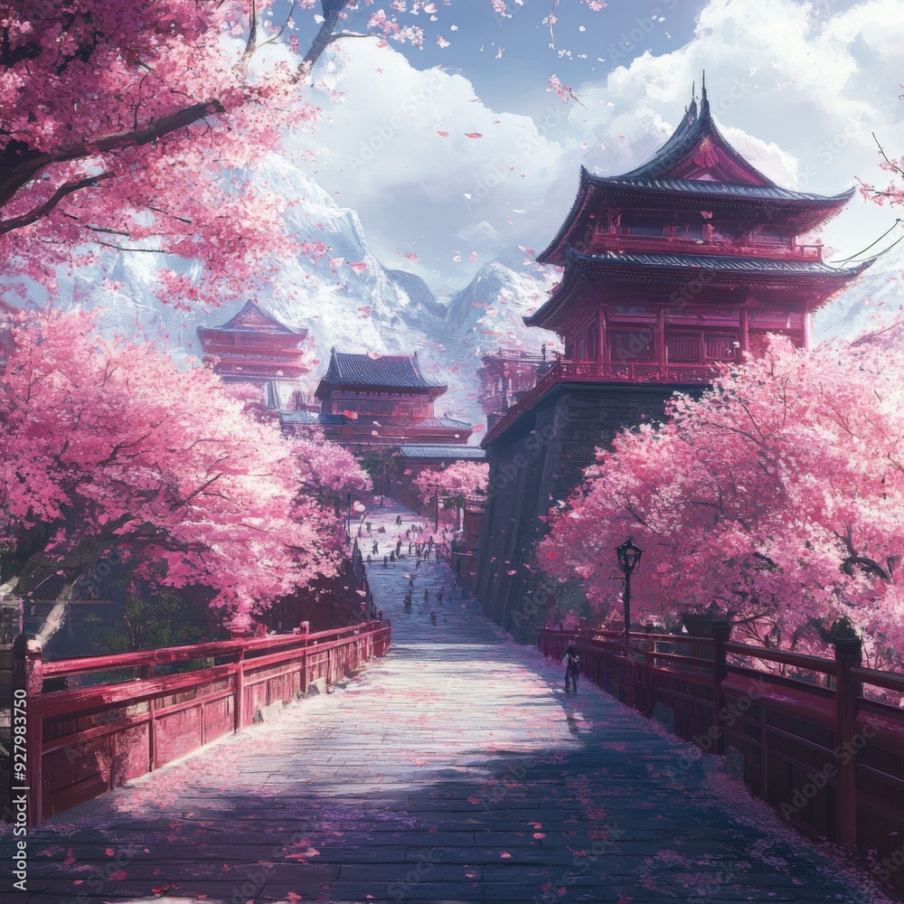 Spring's Enchanted Blossom: Anime-Style Ancient City Surrounded by ...