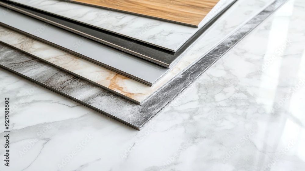 Sample stack of luxury vinyl floor tiles on white marble floor for ...