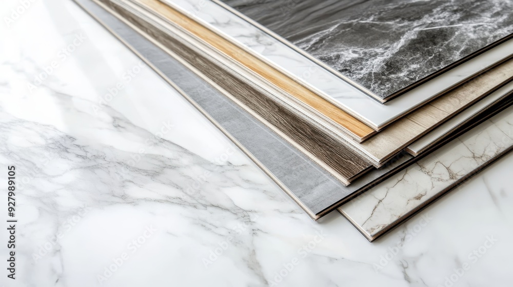 Sample stack of luxury vinyl floor tiles on white marble floor for ...