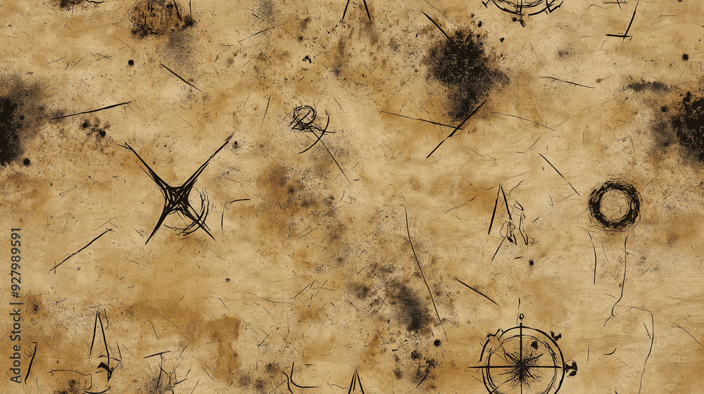 magical spell book page texture with arcane symbols and splatters of ...