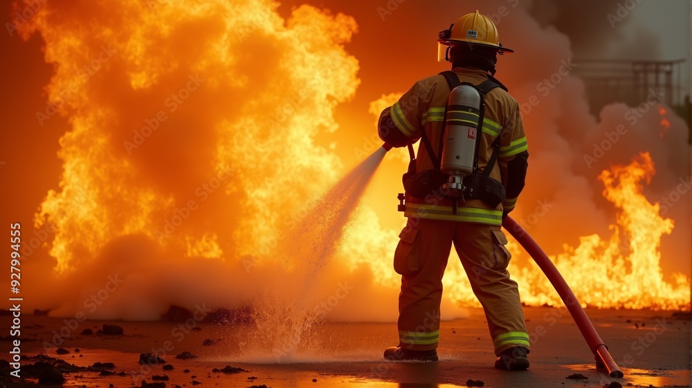 A courageous firefighter valiantly battles a raging inferno, wielding ...