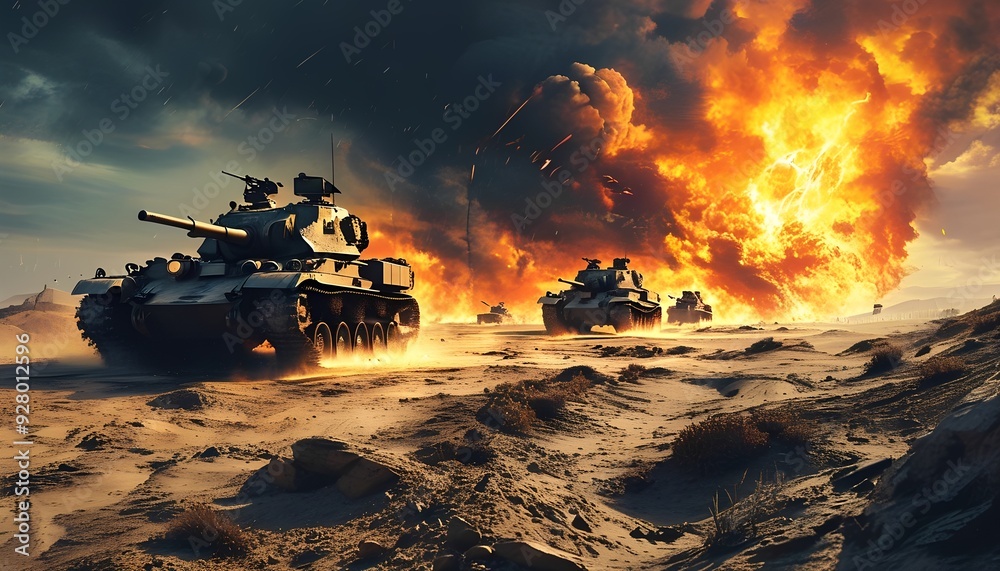 tank crosses a mine field during war invasion epic scene of fire and ...