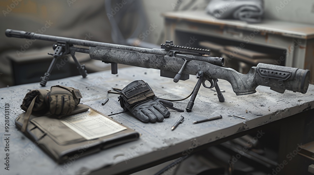 A sniper rifle with a camouflage pattern lies on a workbench. It has a ...