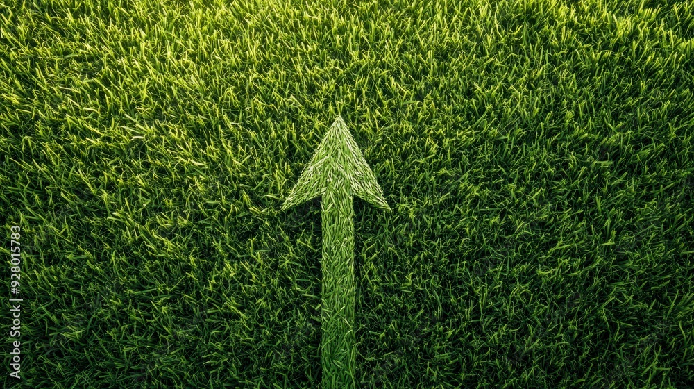 Large symbolic arrow in a green grass field, pointing towards ...