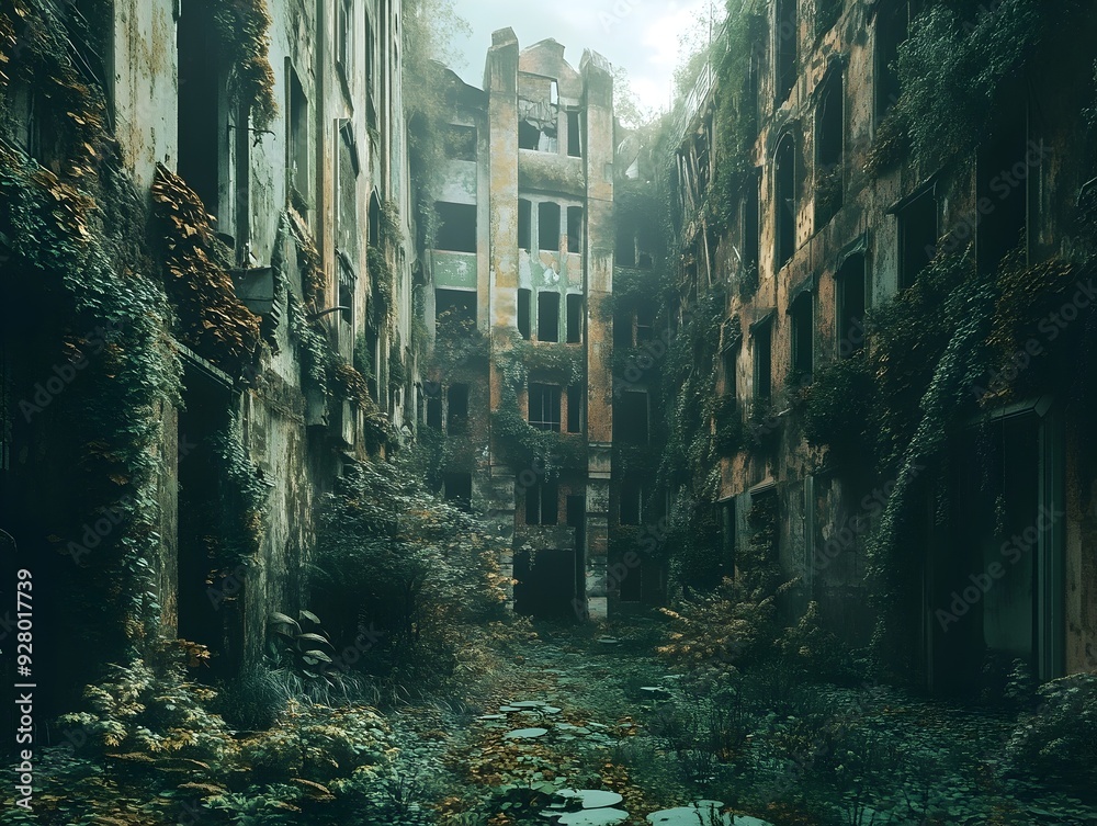 Abandoned dystopian cityscape where nature has reclaimed the decaying overgrown buildings ...
