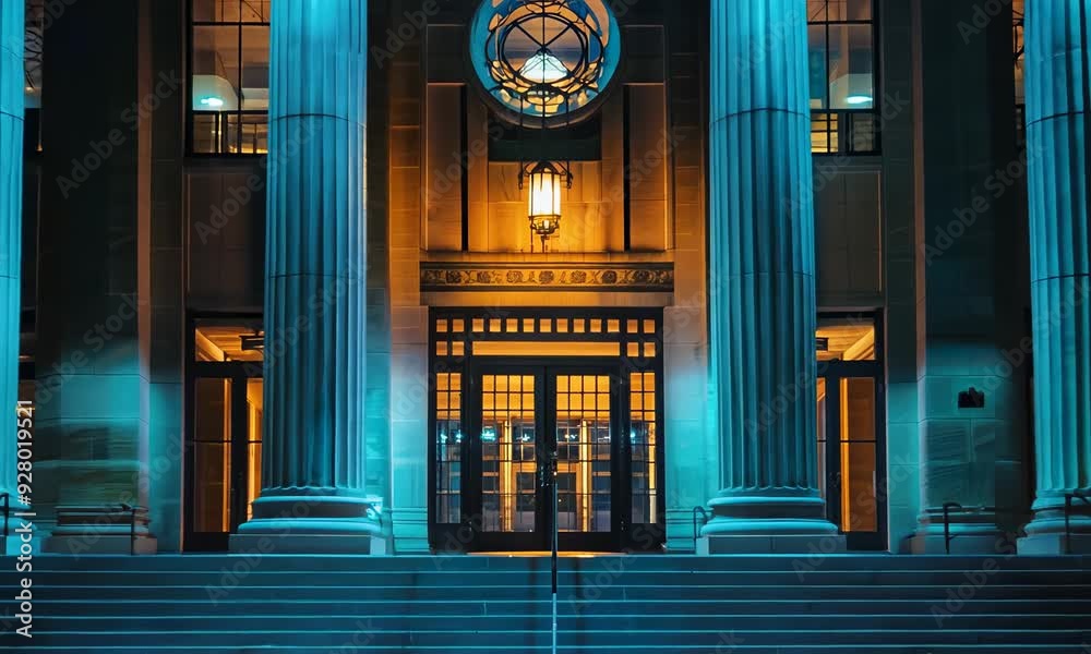 Majestic art deco building entrance with columns and glowing lights at ...