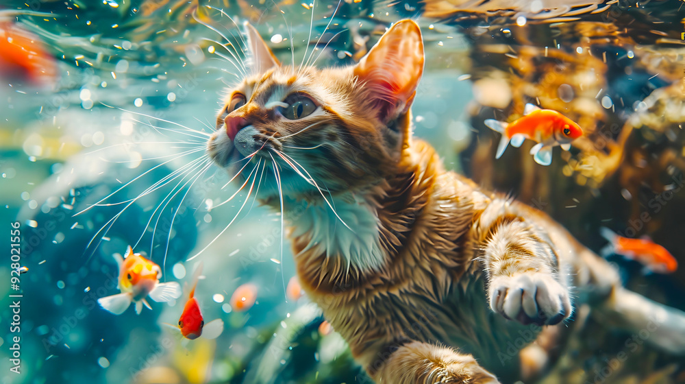 Curious domestic cat swimming underwater chasing and hunting for a ...