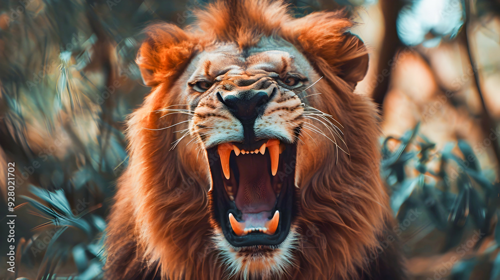 Portrait of an enraged lion its mouth agape and teeth bared showcasing ...