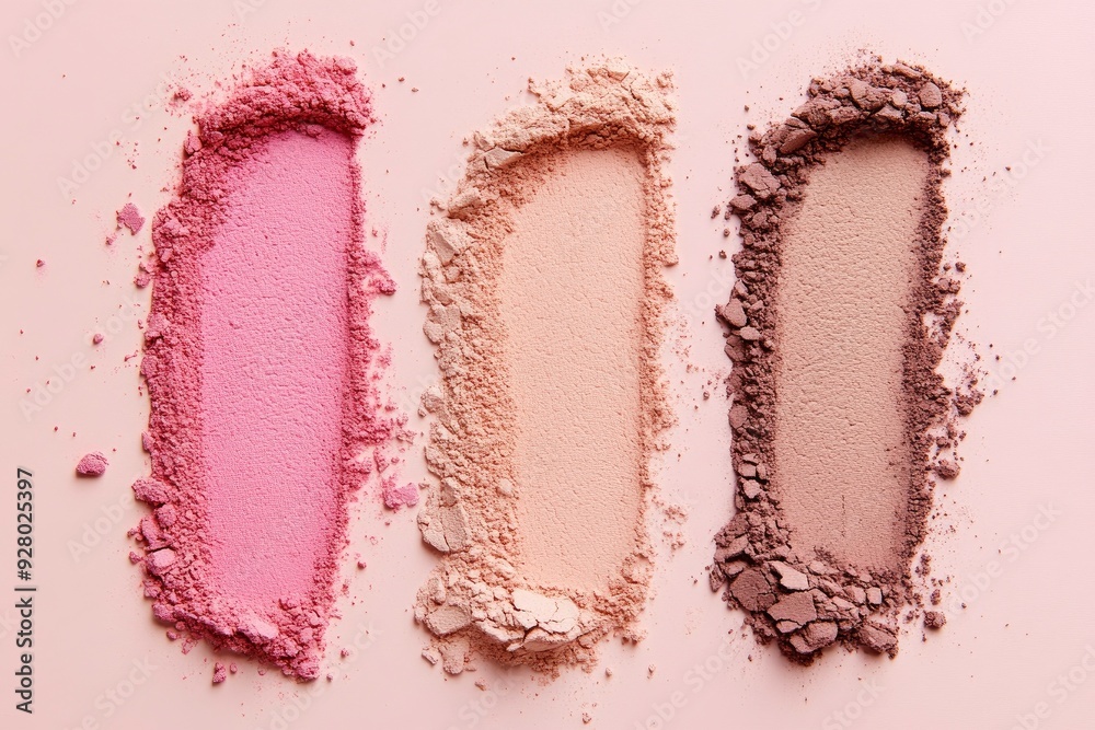 Three swatch smears of light and dark color cosmetic loose powder for ...