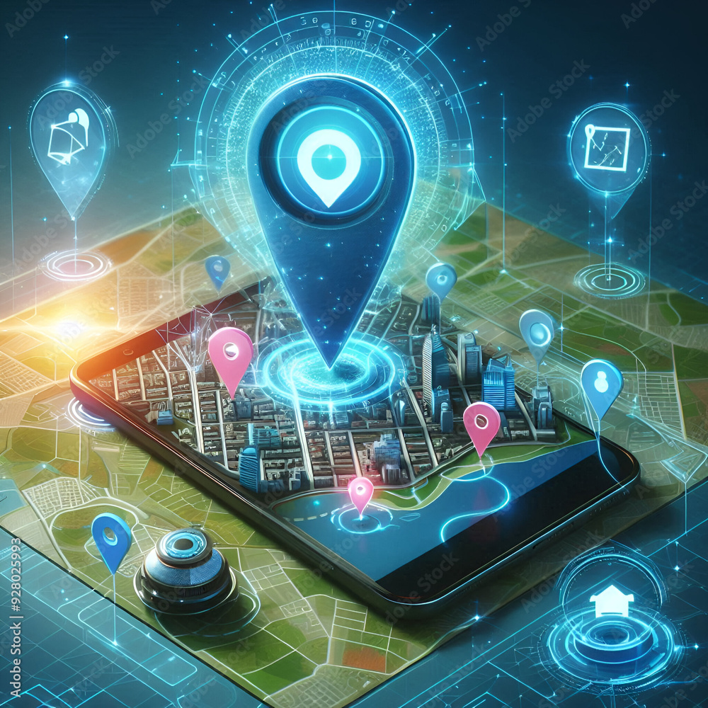 Geofencing concept depicted using a digital map with virtual boundaries, a location pin, and a ...