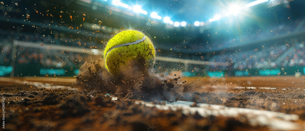 A tennis ball breaking in half, with the inner texture of sand and dust ...