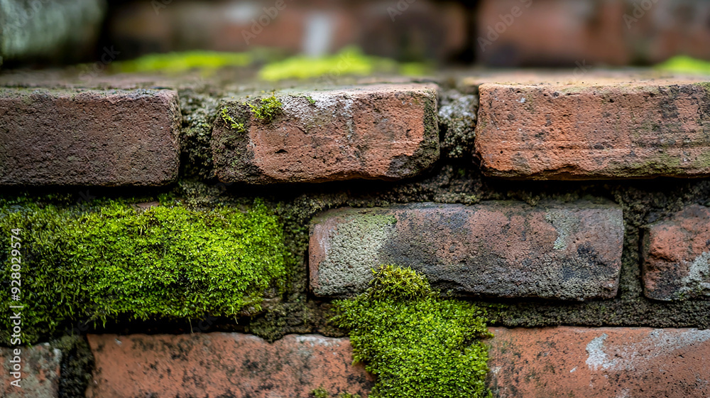 old, weathered bricks with moss growing between the mortar ...