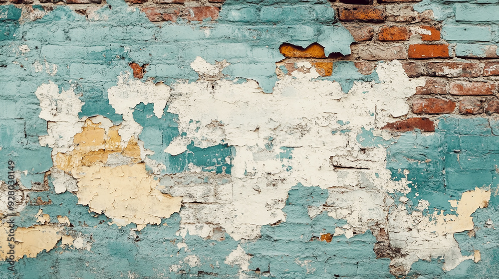 painted brick wall with peeling paint, revealing the original brick ...