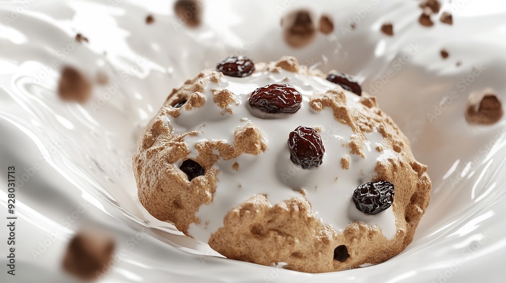 3D Render of Cookie with Raisins in a Milk Splash: Dynamic and ...