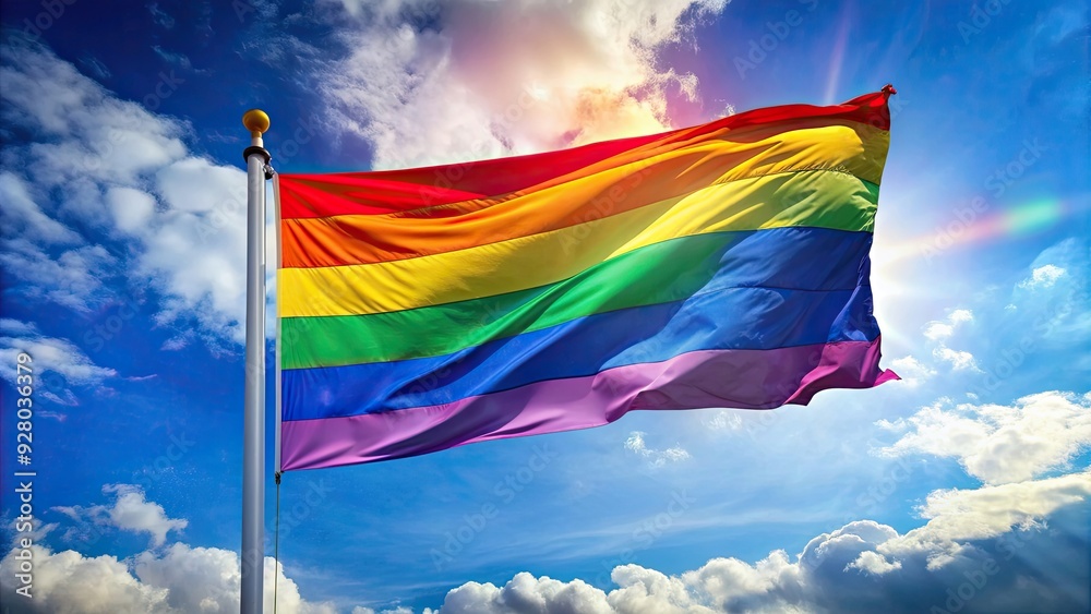 Pride month rainbow pride parade flag waving on flagpole , LGBTQ, equal ...