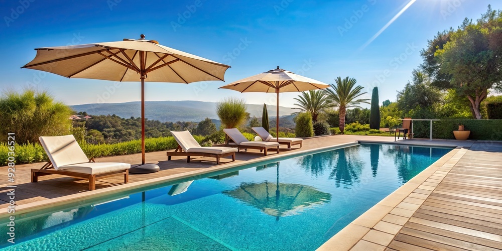 Sun loungers and umbrella parasol by pool on a beautiful sunny day, sun ...