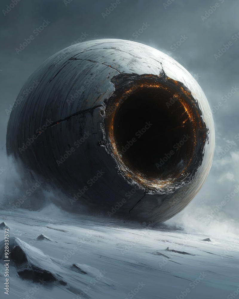large piece metal snow futurism obsidian globe open maw singularities ...