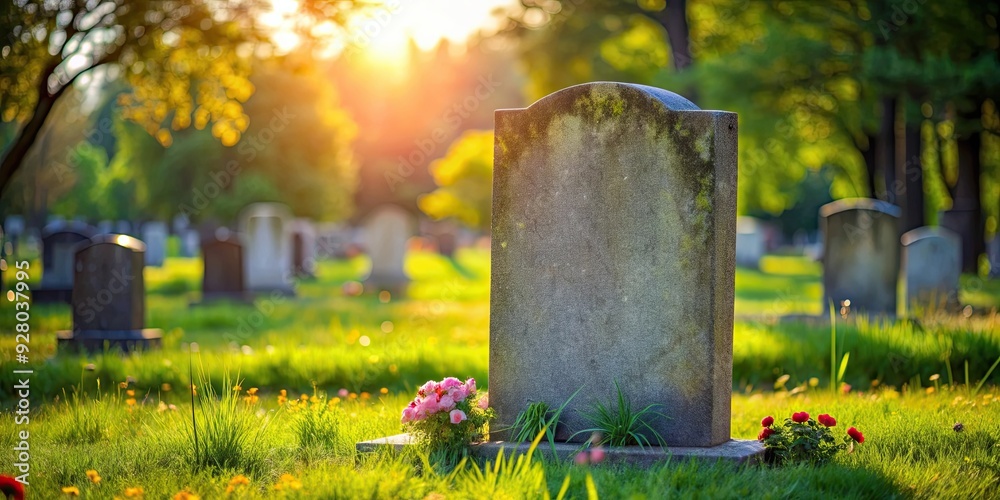 Grave with weathered headstone in a peaceful cemetery setting, tombstone, burial ground, funeral ...