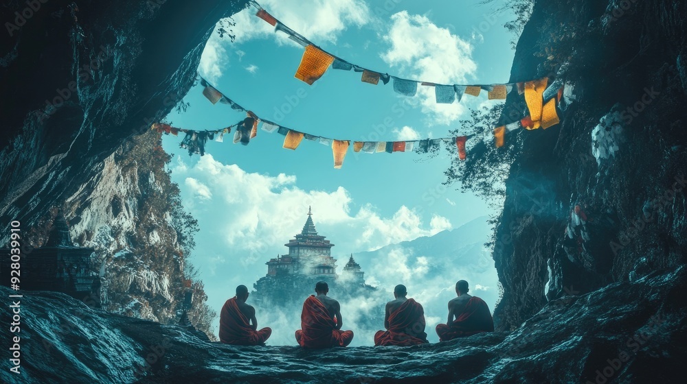 A serene image of monks chanting in a Himalayan monastery with prayer ...