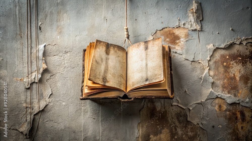 Messed up book hanged on the wall , messy, disorganized, clutter ...