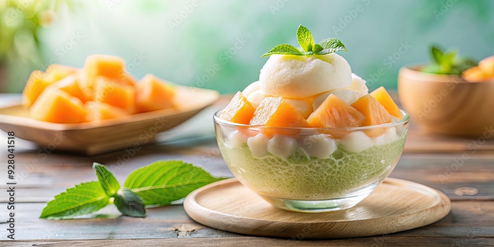 Refreshing summer dessert made with shaved ice, sweet melon chunks, and ...